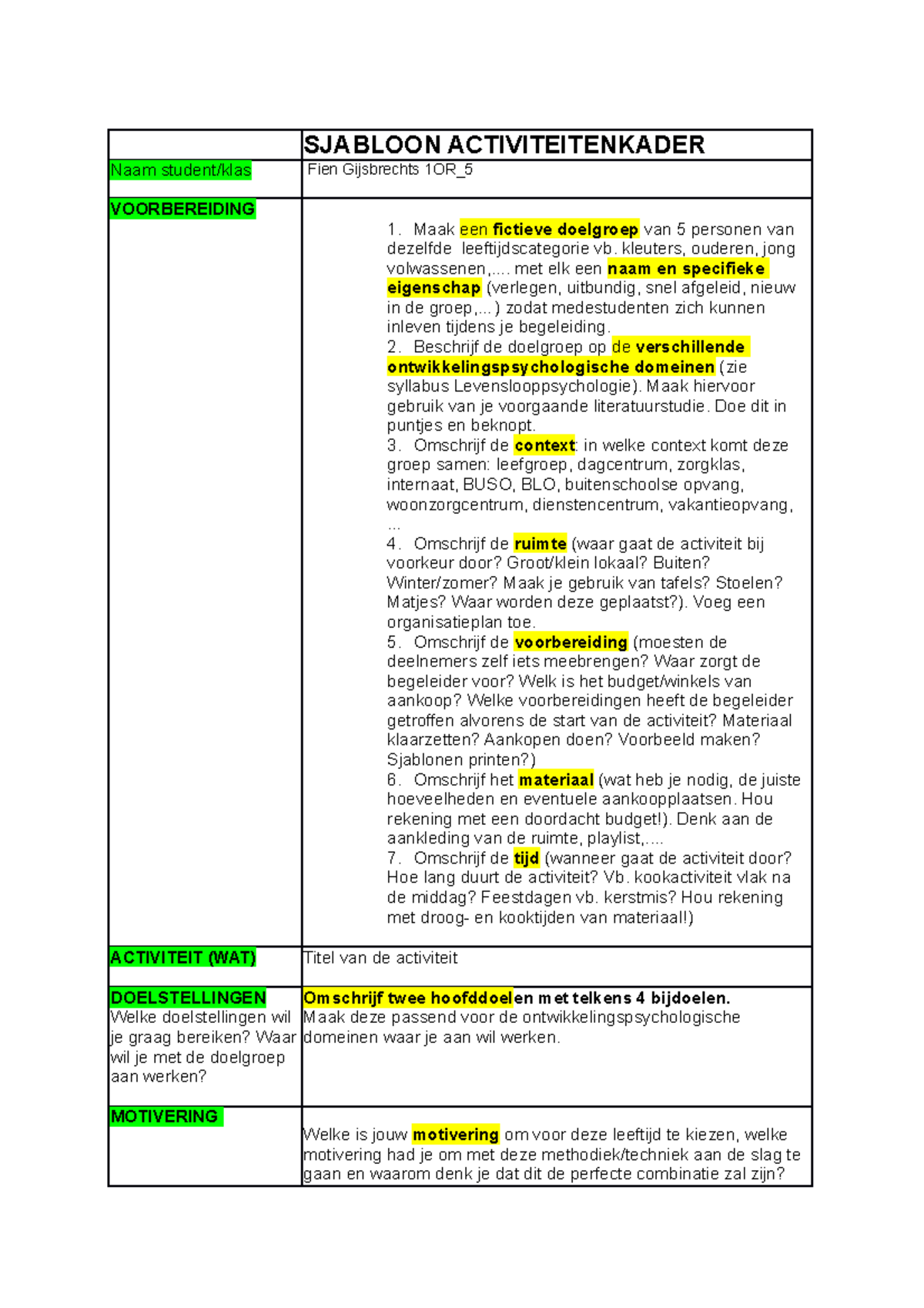Activiteitenkader - SJABLOON ACTIVITEITENKADER Naam student/klas Fien ...