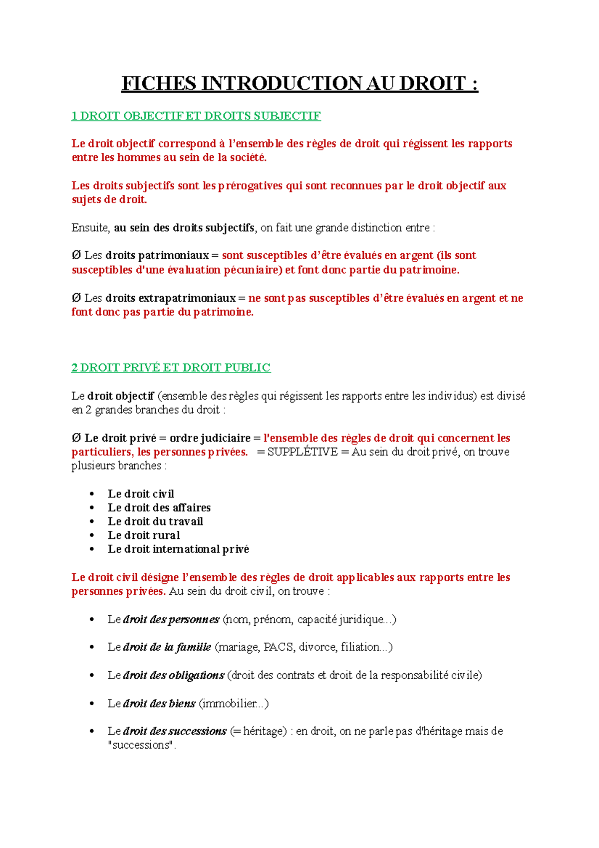 Fiches Introduction AU Droit - FICHES INTRODUCTION AU DROIT : 1 DROIT OBJECTIF ET DROITS ...