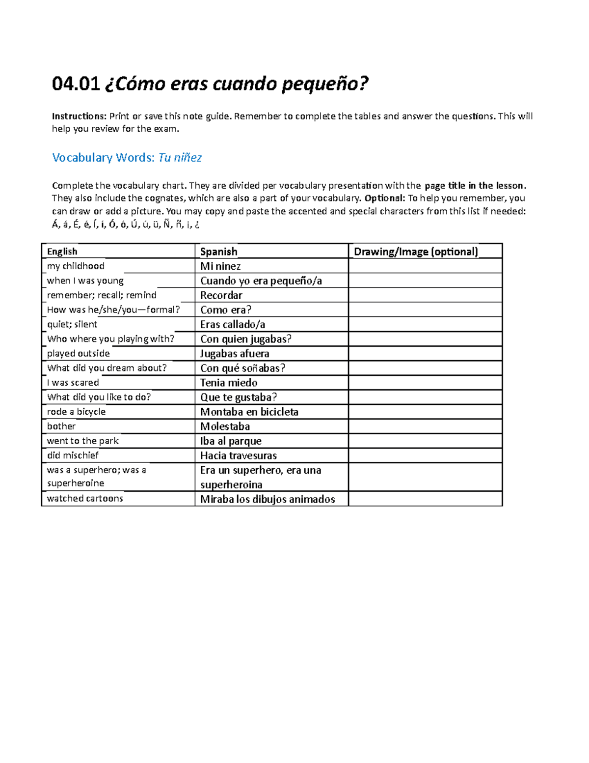 04 01 notes - Spanish 1 - 04 ¿Cómo eras cuando pequeño? Instructions ...