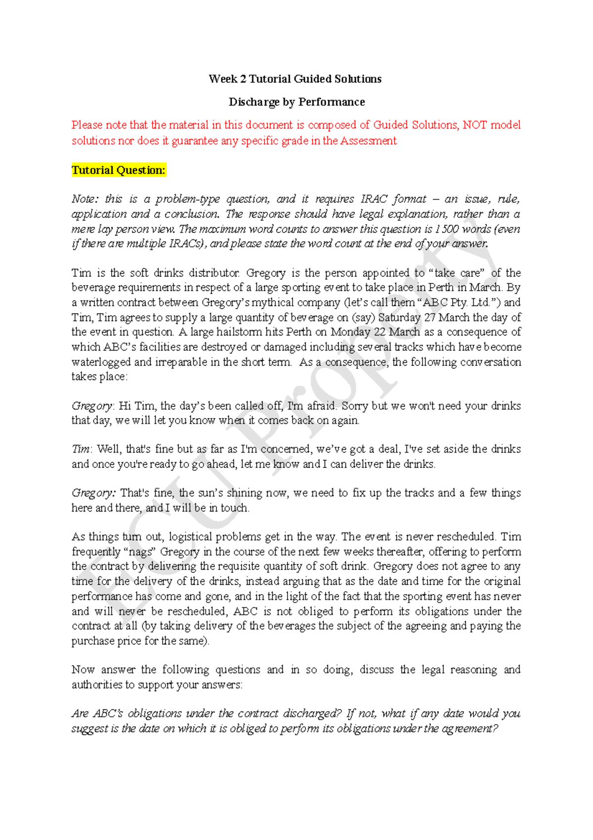 Week 2 Tutorial Guided Solution - Week 2 Tutorial Guided Solutions Discharge by Performance ...