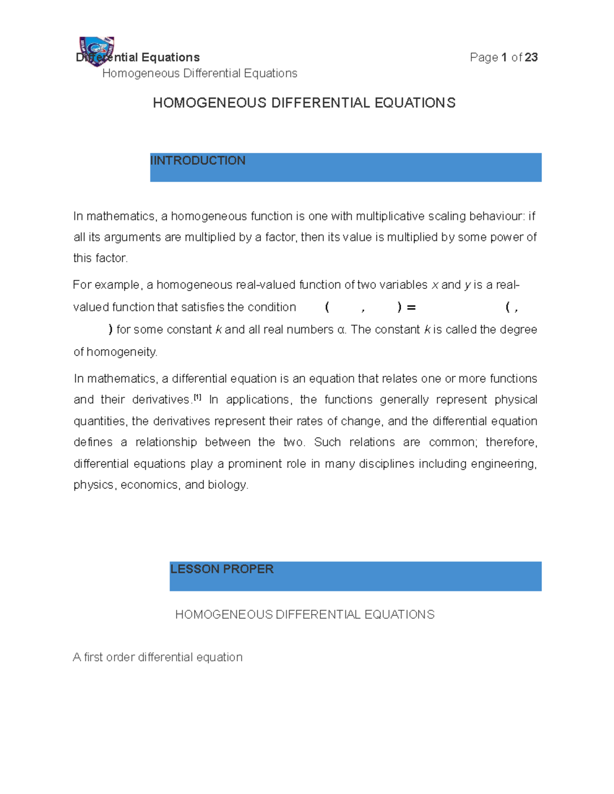 Differential-Equations-Midterm - Homogeneous Differential Equations HOMOGENEOUS DIFFERENTIAL ...