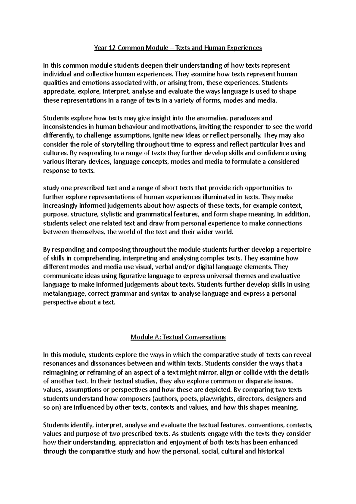 Advanced English Syllabus Year 12 Common Module Texts And Human