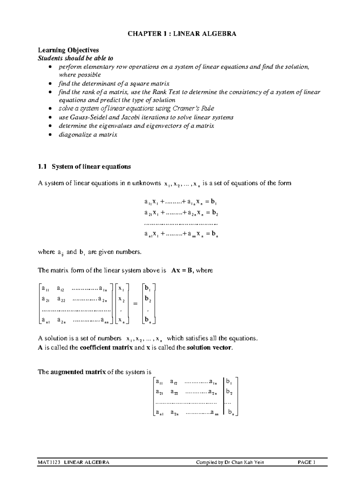 MAT1123 1 Linear Algebra - CHAPTER 1 : LINEAR ALGEBRA Learning ...