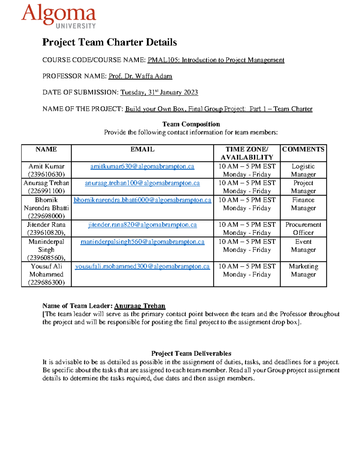 PMAL105-C-1L-TEAM3-UNIT3 LA3- Team Charter - Project Team Charter ...