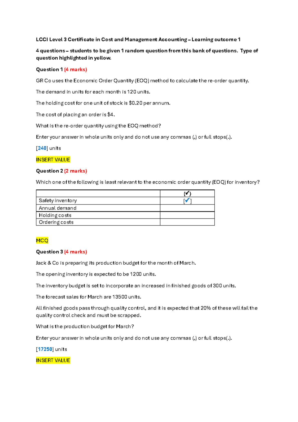 LCCI Level 3 Certificate in Cost and Management Accounting June 2024 Q ...