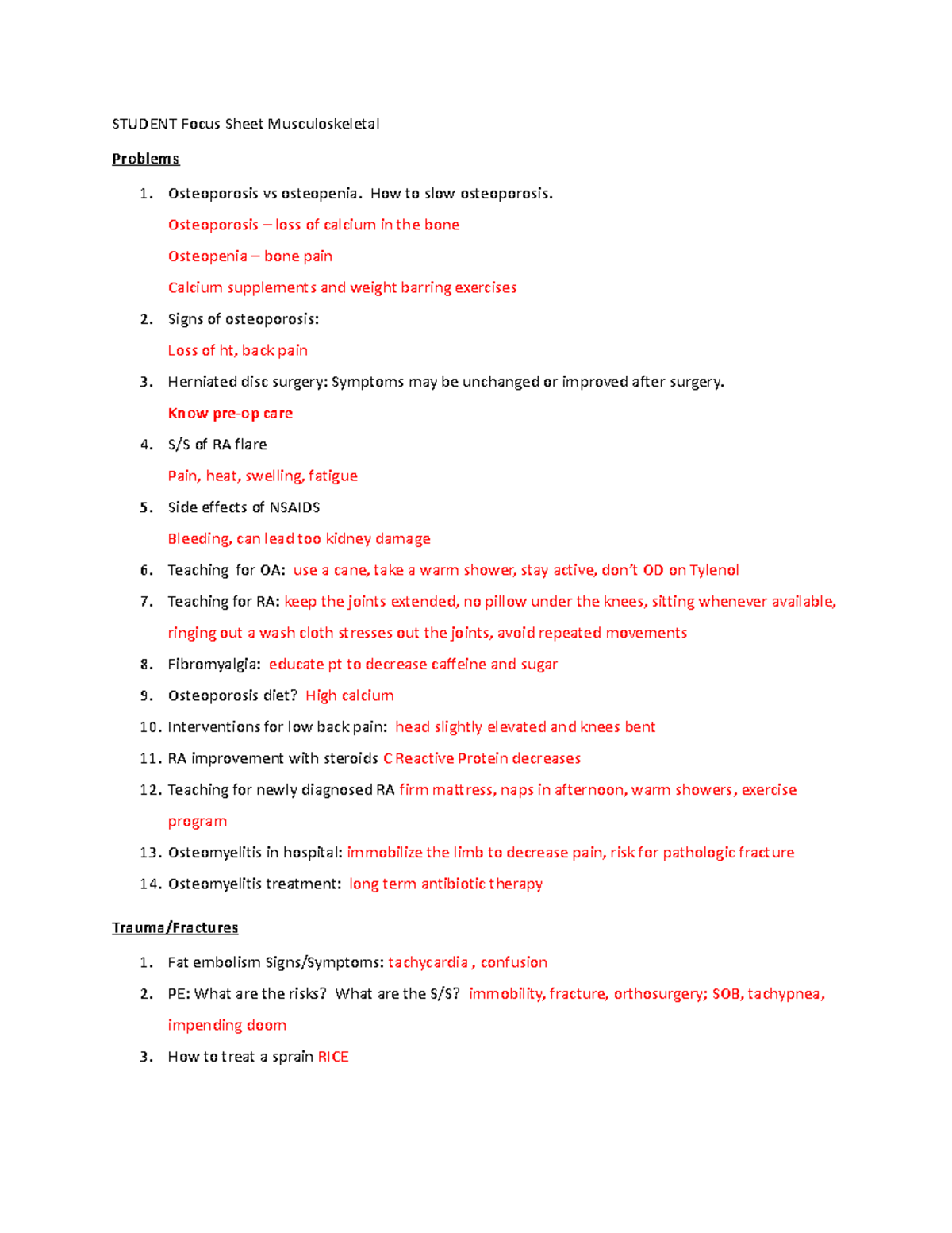 Student Focus Sheet Musculoskeletal - STUDENT Focus Sheet ...