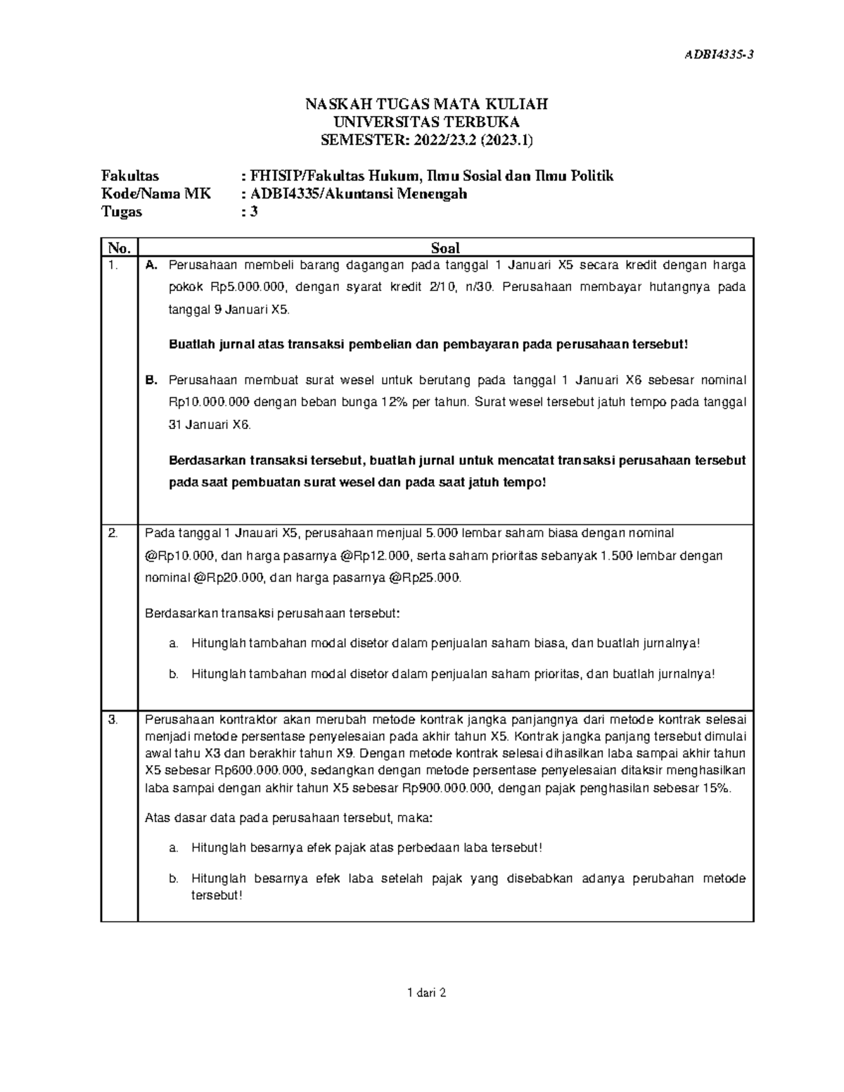 Soal adbi4335 tmk3 3 - soal pajak - ADBI4335- 1 dari 2 NASKAH TUGAS MATA KULIAH UNIVERSITAS ...