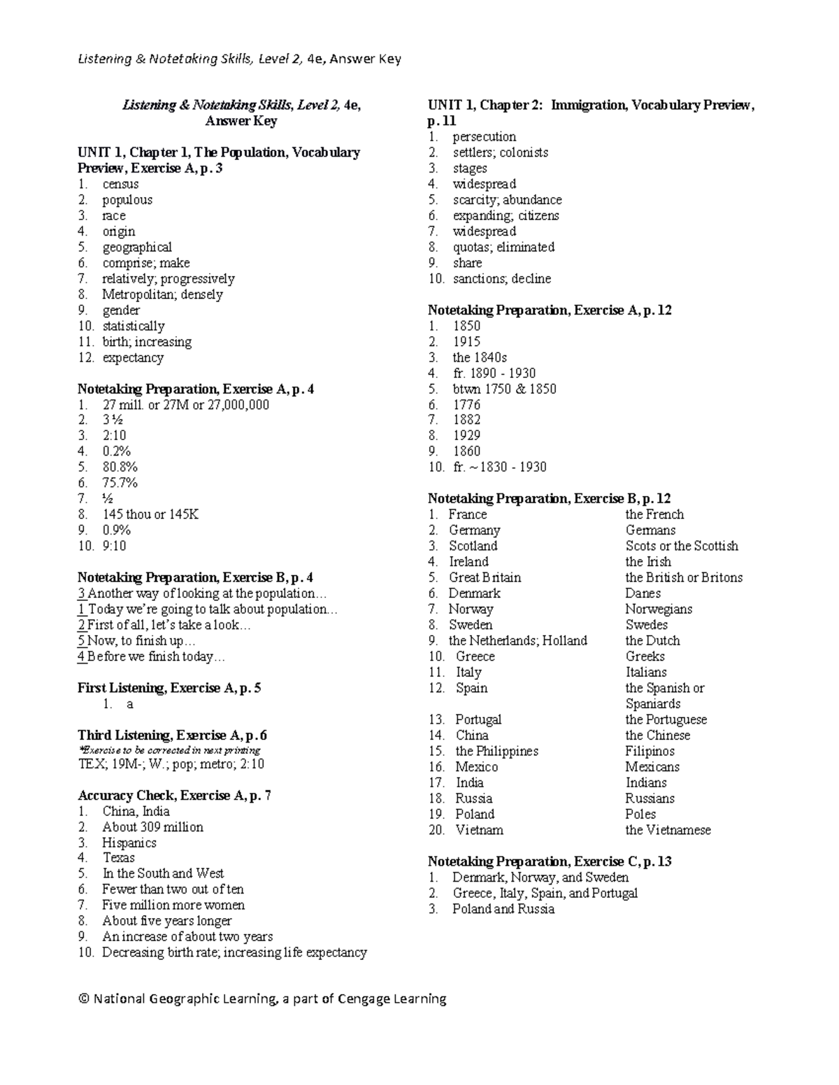 Answerkey listen 2 - đccucw - Listening & Notetaking Skills, Level 2 ...