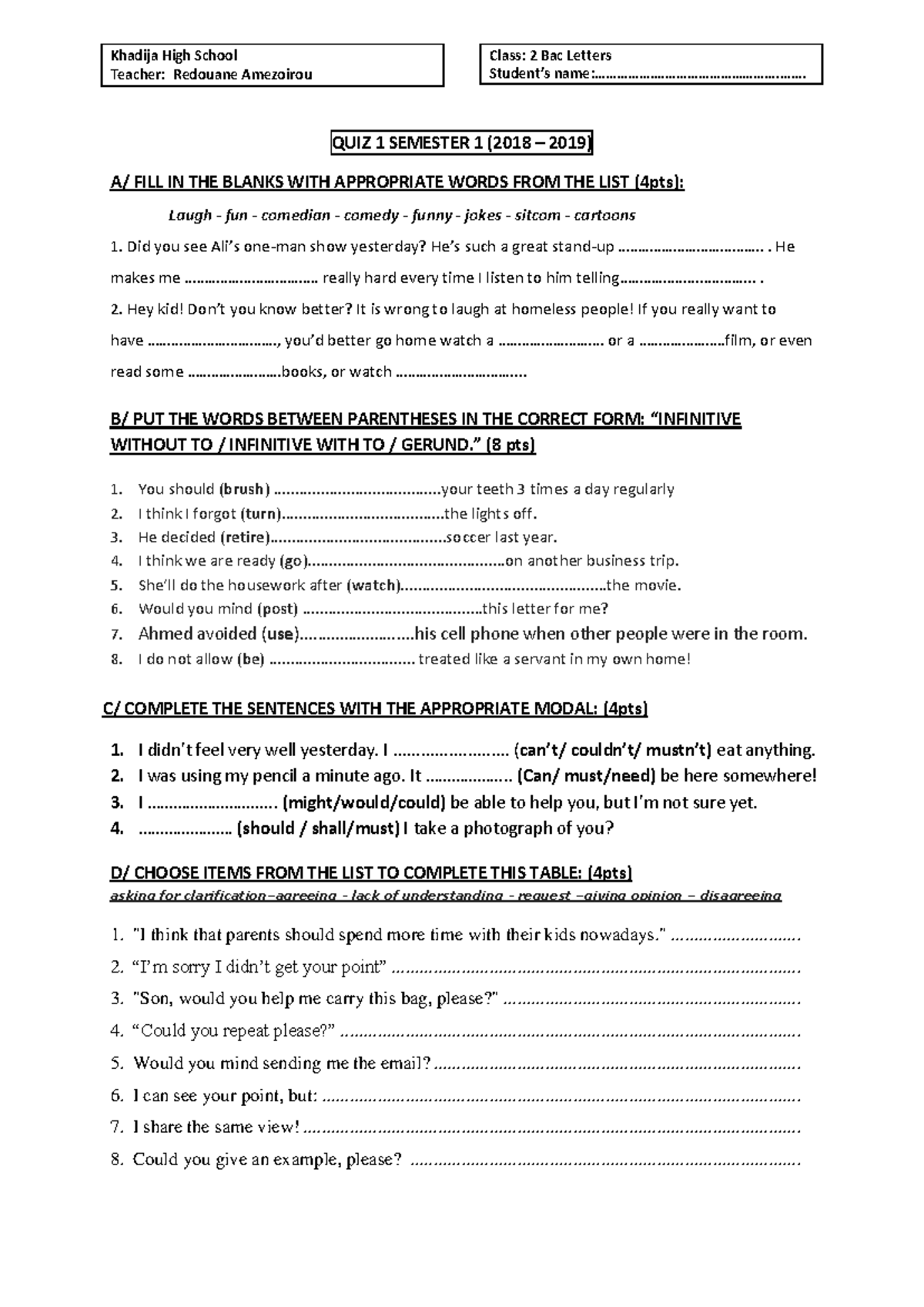 QUIZ 1 Semester 1 2BAC - English quiz to test your English level ...