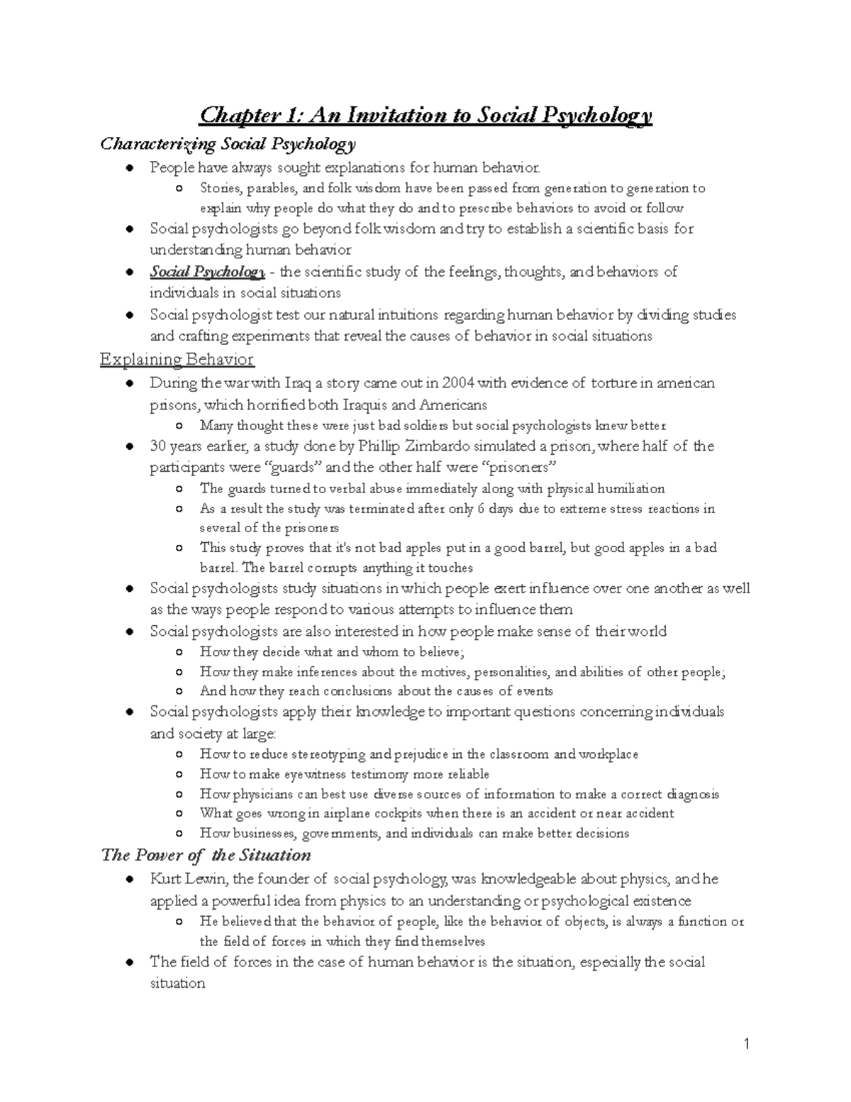 Social Psychology Chapter 1 - Chapter 1: An Invitation to Social ...