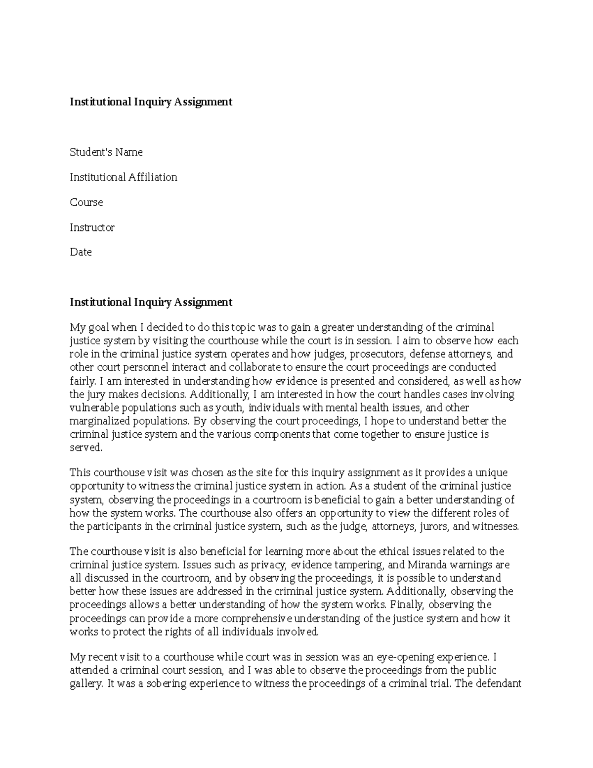 disaster control - Institutional Inquiry Assignment Student's Name ...