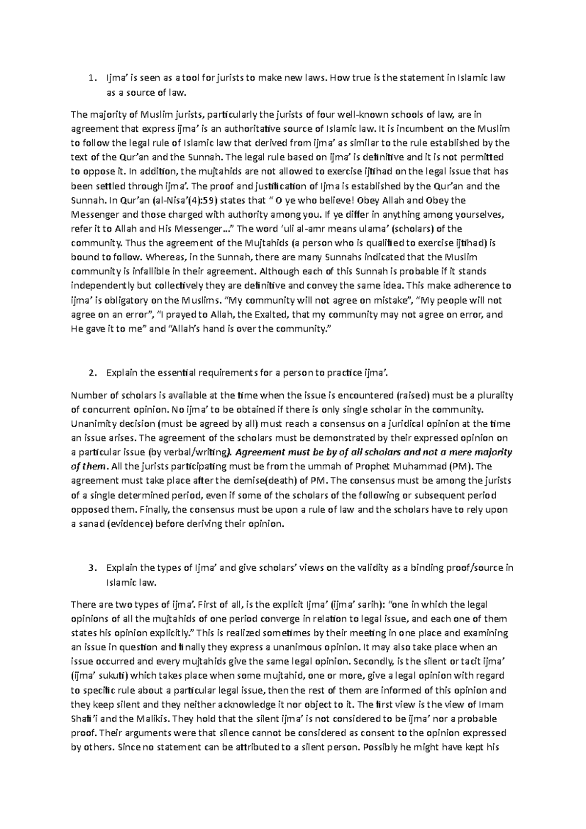 Islamic Law Tutorial work 4 - Ijma’ is seen as a tool for jurists to ...