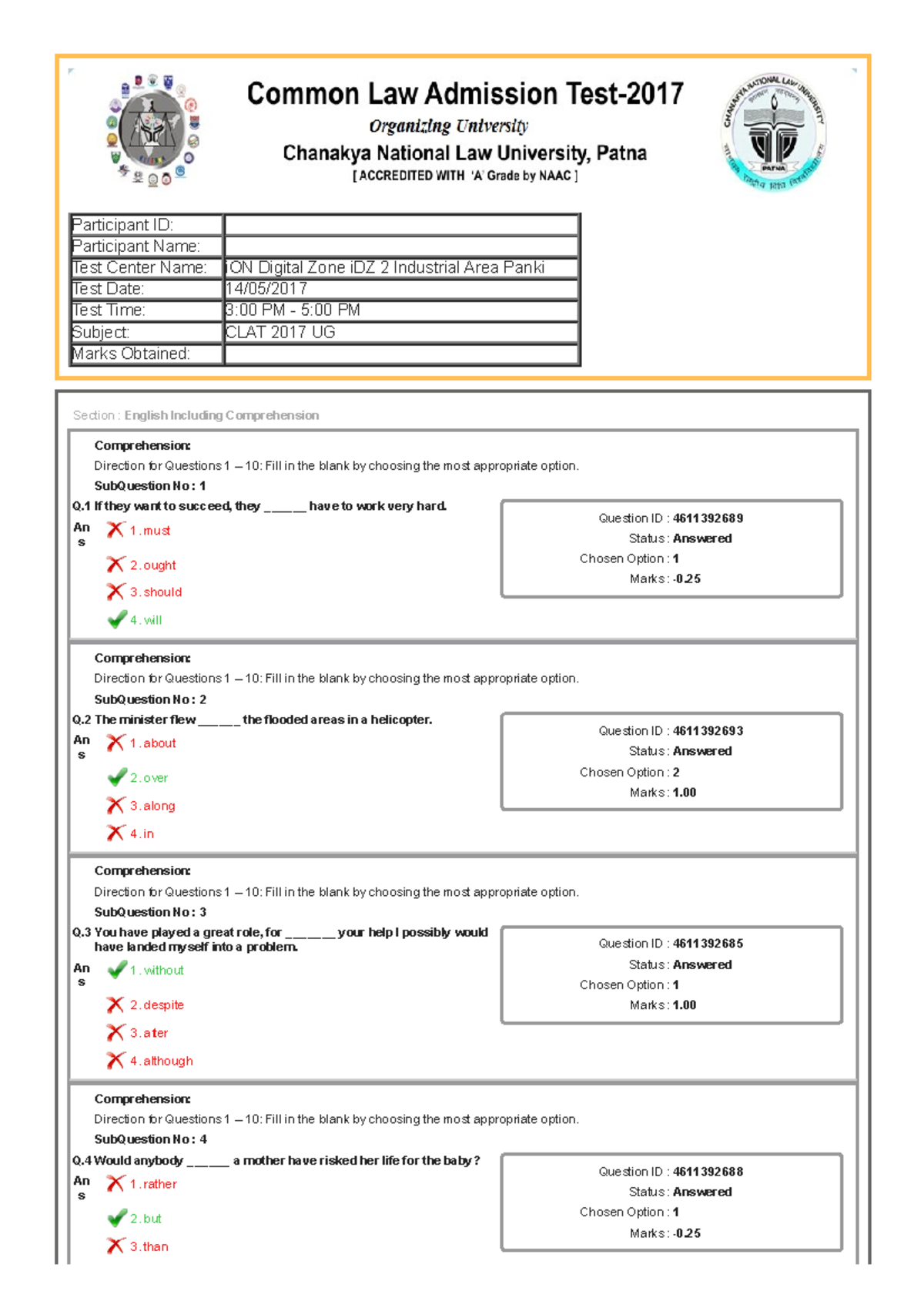 2017 CLAT 2017-UG -question-paper-with-answer-key-1-1 - Participant ID ...
