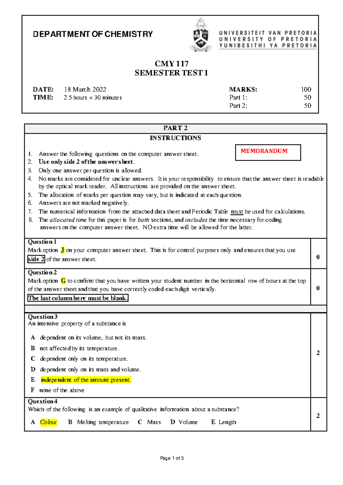 20220302 Semester Test 1 Part 2 MEMO(1) CMY117 - DEPARTMENT OF ...