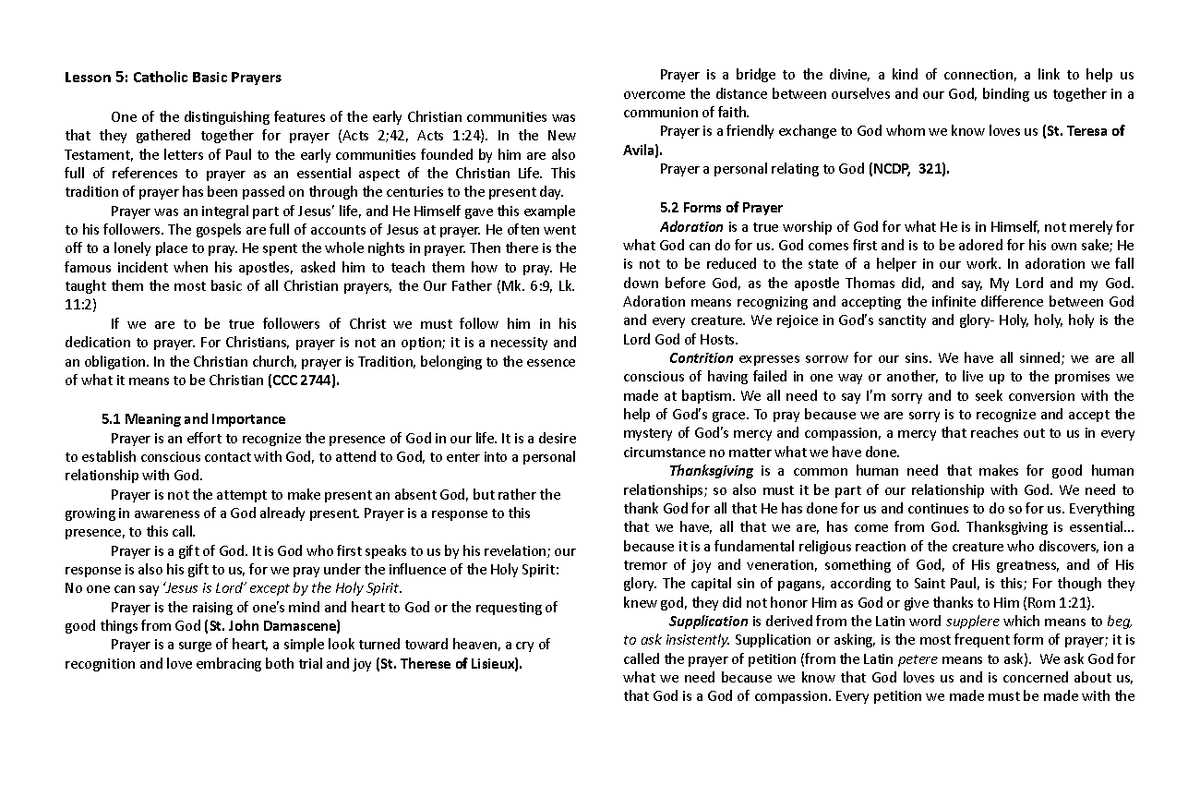 Basic Prayers Revelation Midterm Notes Part 1 - Lesson 5 : Catholic ...