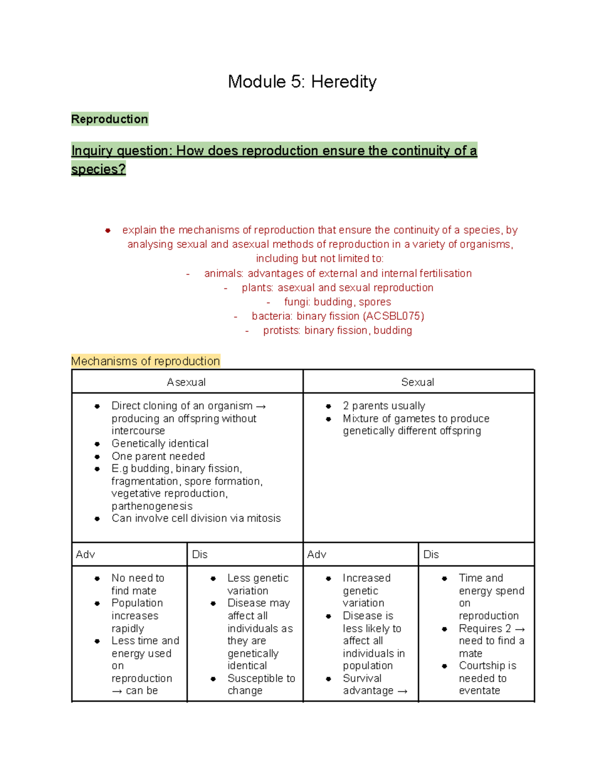 Bio summary - notes of stuff - Module 5: Heredity Reproduction Inquiry ...