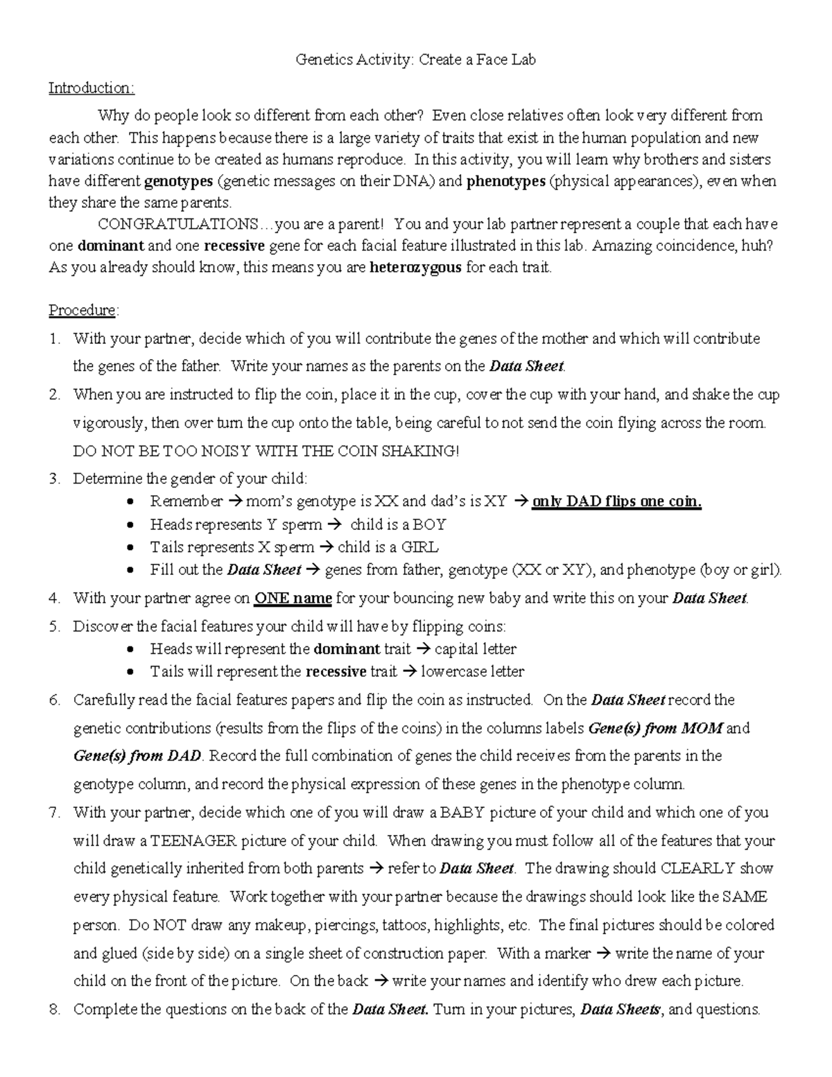 Create a Face Lab - Genetics Activity: Create a Face Lab Introduction ...