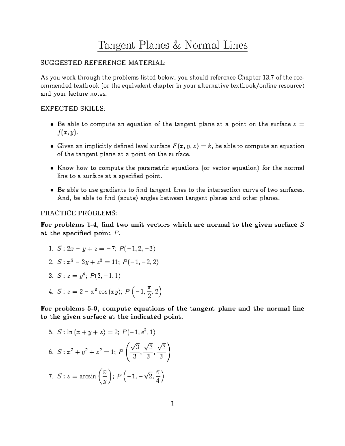 Homework 13 Practice Problems - Tangent Planes & Normal Lines SUGGESTED ...
