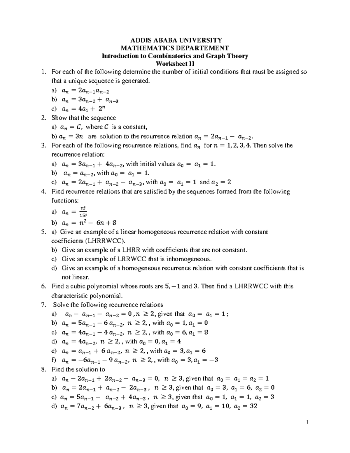 Discrete Chapter 2 Worksheet - 1 ADDIS ABABA UNIVERSITY MATHEMATICS ...