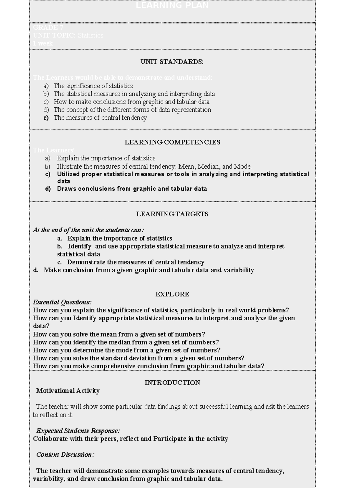 Lesson plan stat - 1 LEARNING PLAN GRADE 7 UNIT TOPIC: Statistics 1 ...