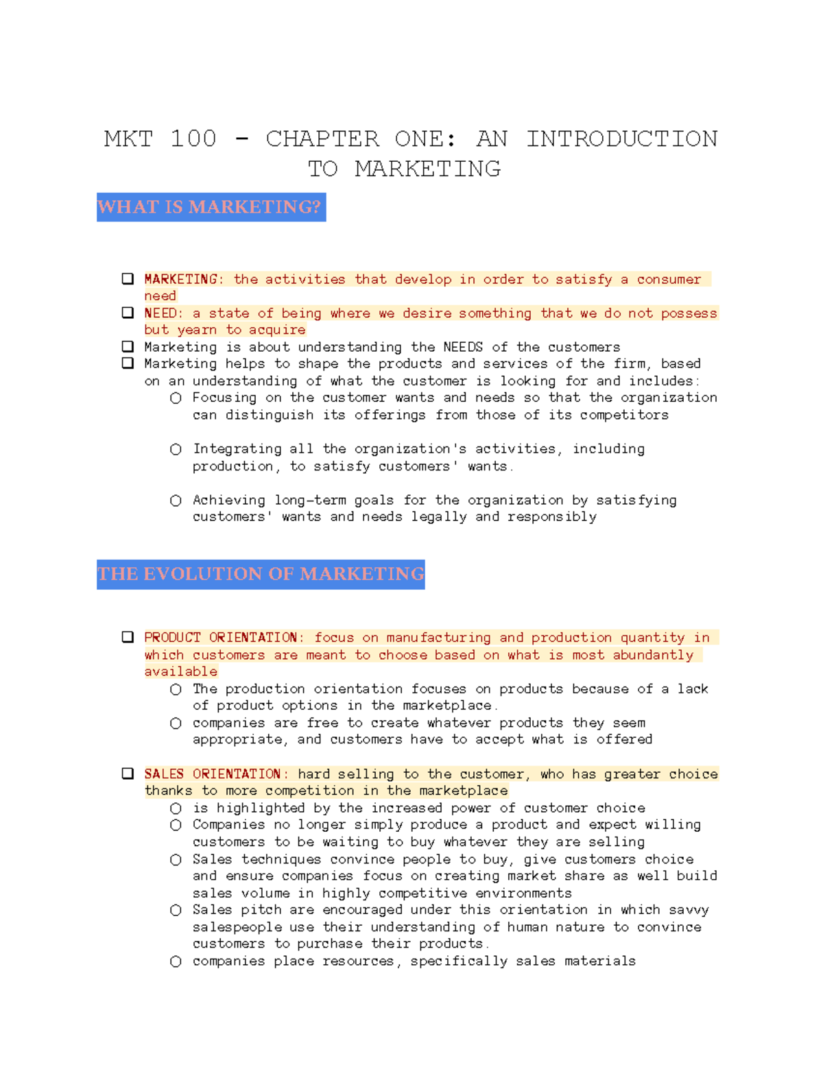 Marketing Chapter 1 2 - MKT 100 - CHAPTER ONE: AN INTRODUCTION TO ...