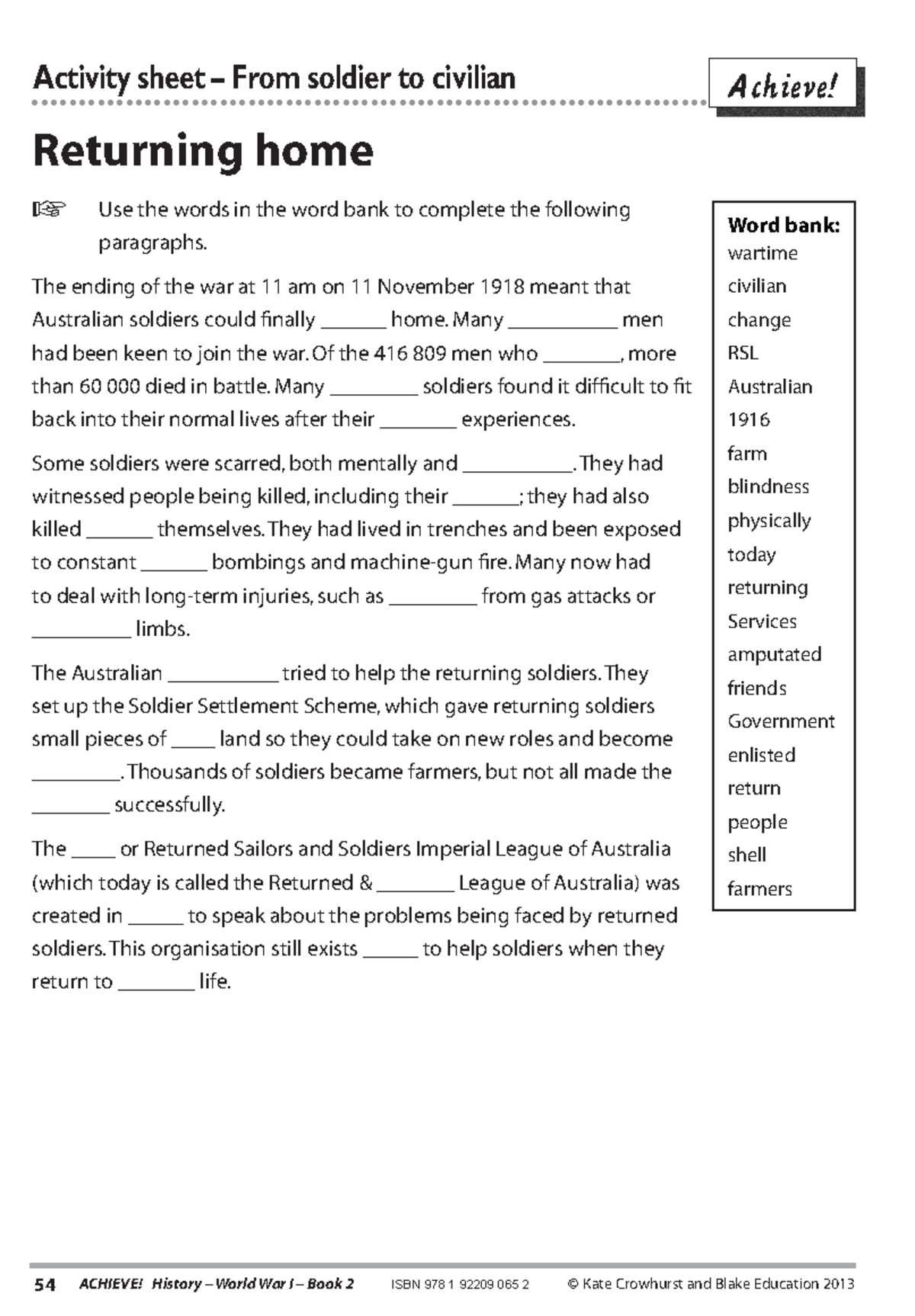 End of WW1 worksheet options - 54 Achieve! history – World War i – Book ...