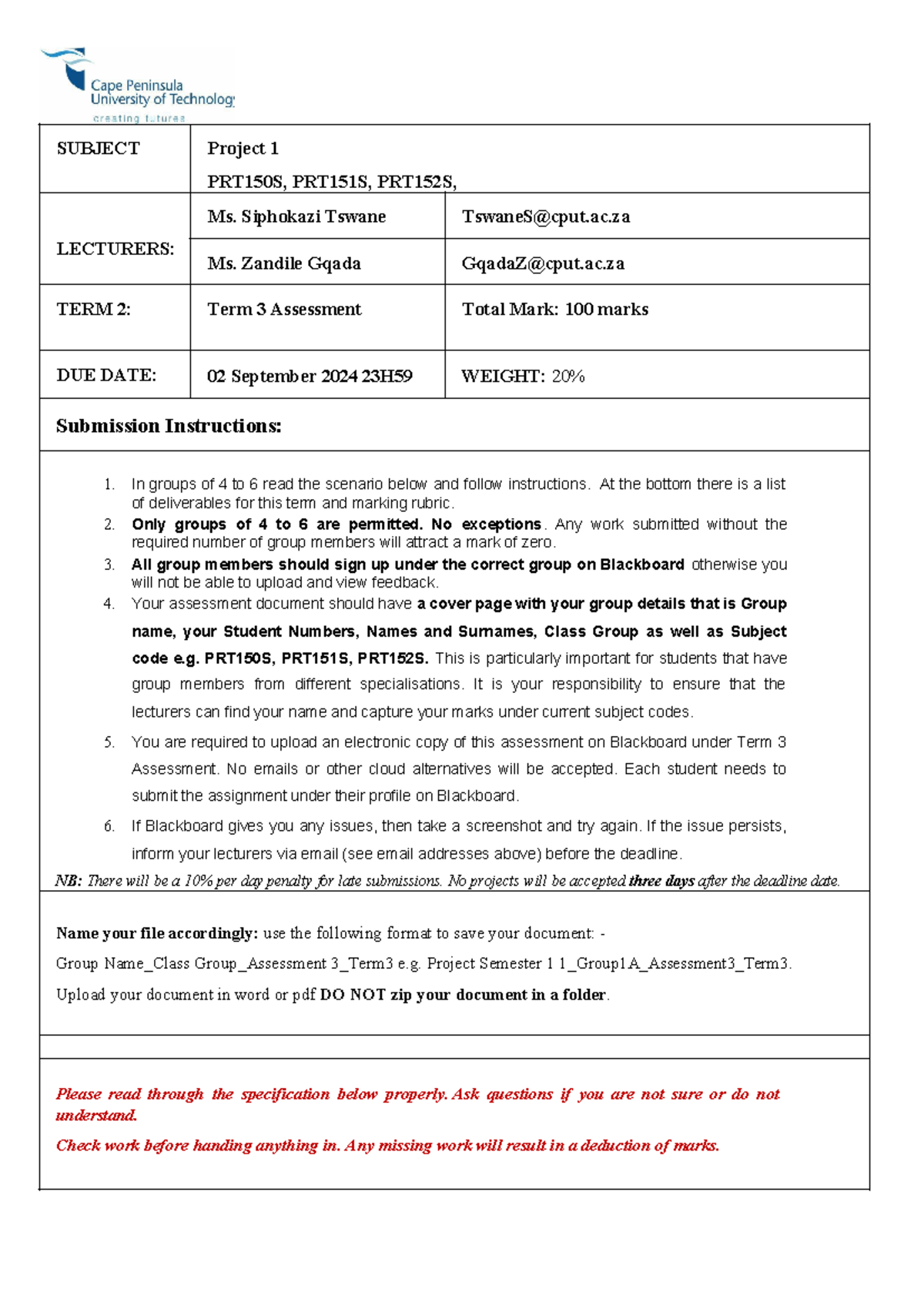 Project 1 2024 Term 3 4 Project Brief - SUBJECT Project 1 PRT150S ...