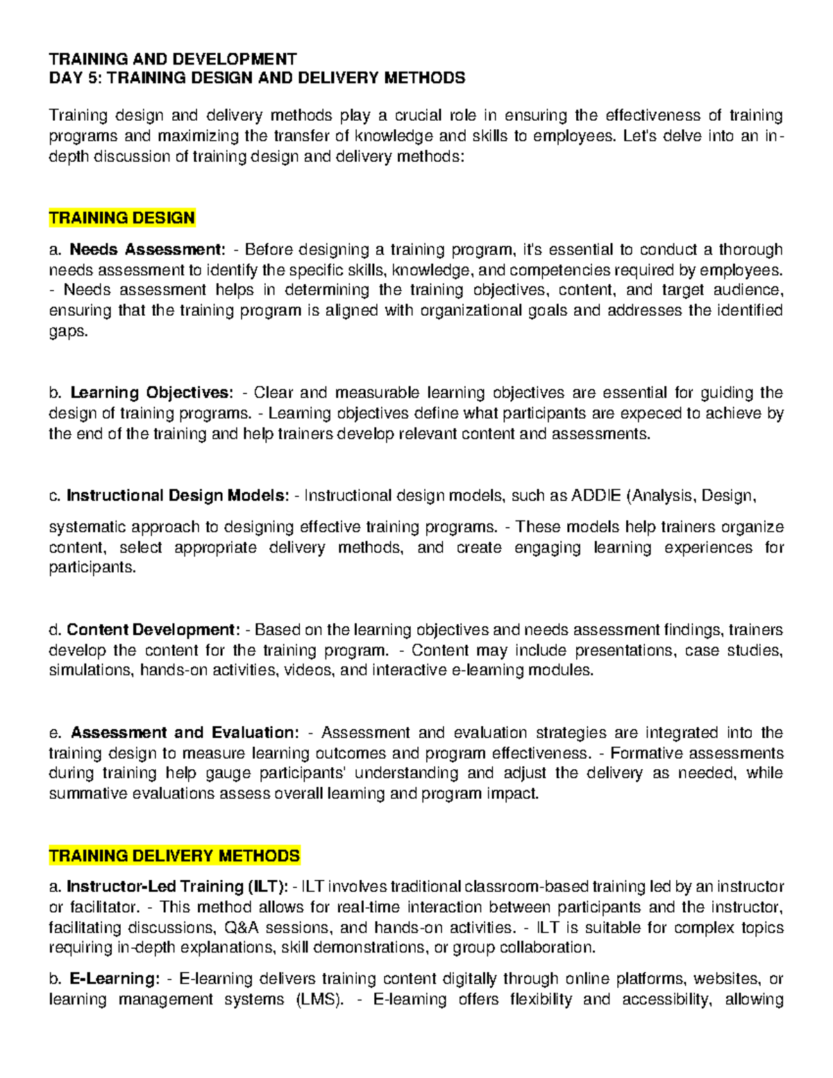 Training Design and Delivery Methods - TRAINING AND DEVELOPMENT DAY 5 ...
