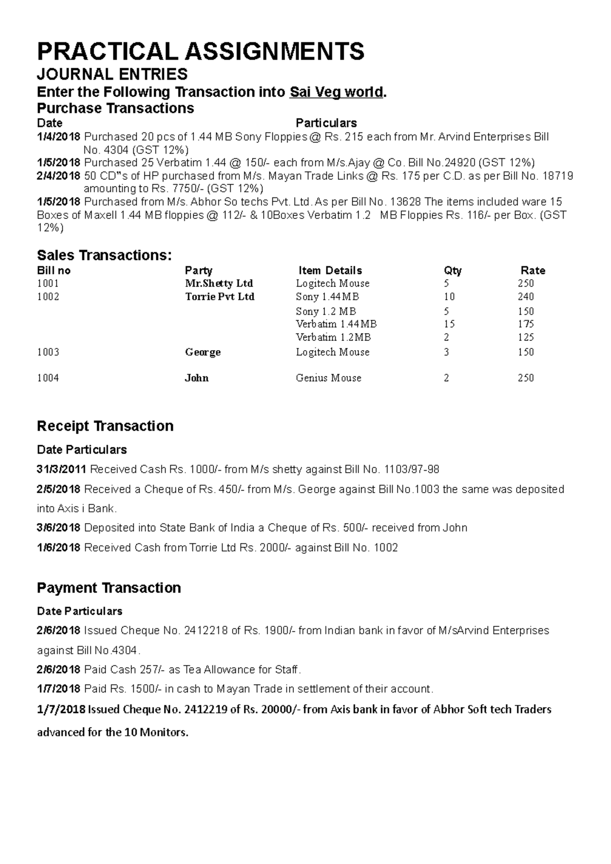 Practical Assignments tally - PRACTICAL ASSIGNMENTS JOURNAL ENTRIES ...
