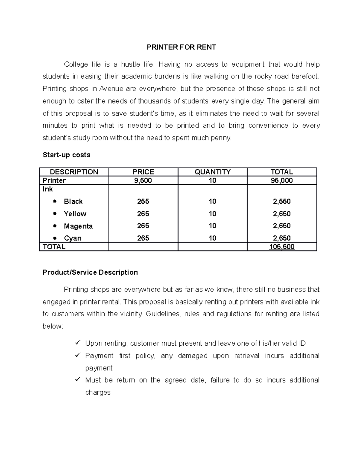 Printer FOR RENT - Proposal for feasibility study - PRINTER FOR RENT ...