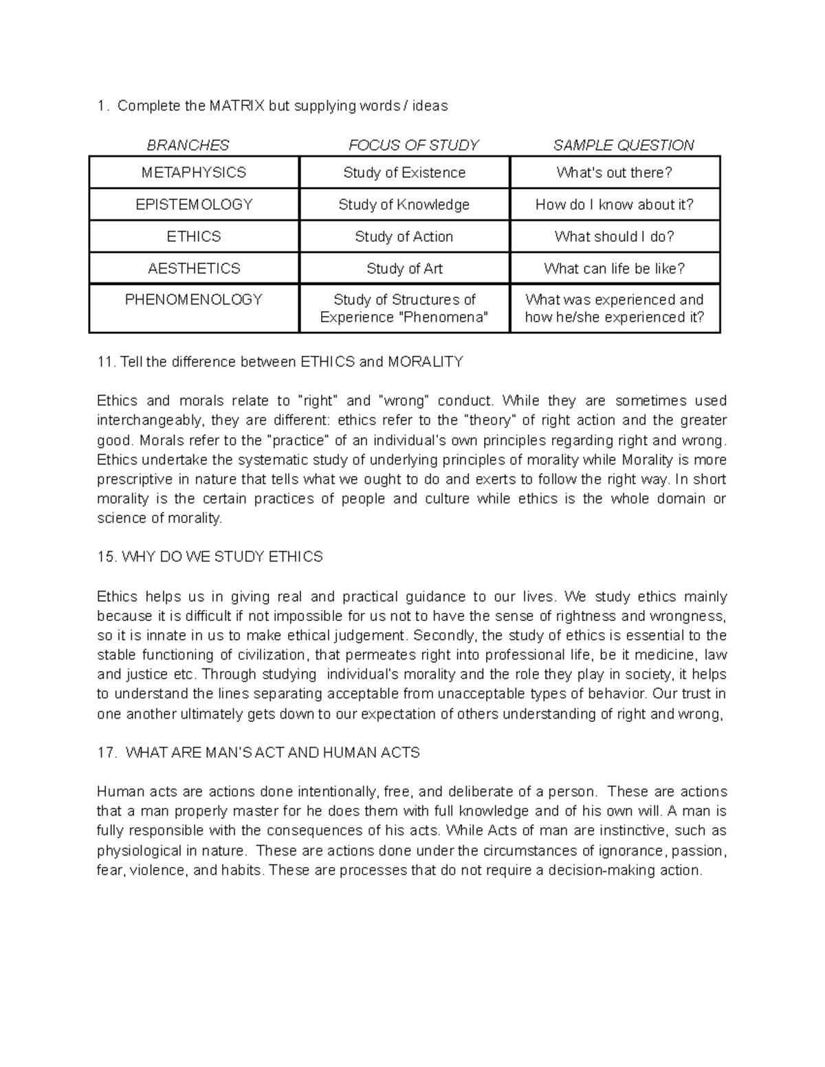 Branches of Philosophy - Complete the MATRIX but supplying words ...