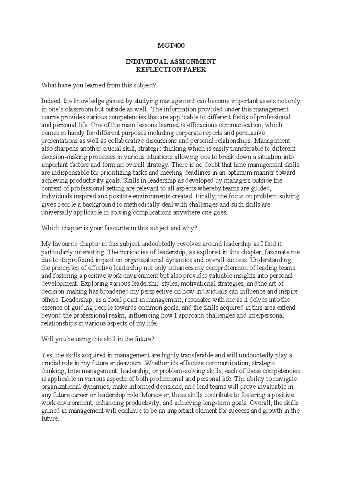 MGT400 Self Reflection - MGT INDIVIDUAL ASSIGNMENT REFLECTION PAPER ...