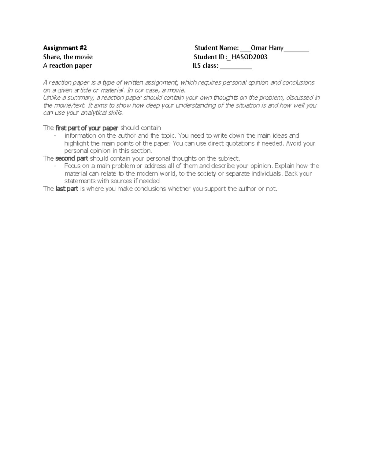 Assignment#2 Reaction Paper (1) - Assignment #2 Student Name: Omar Hany ...