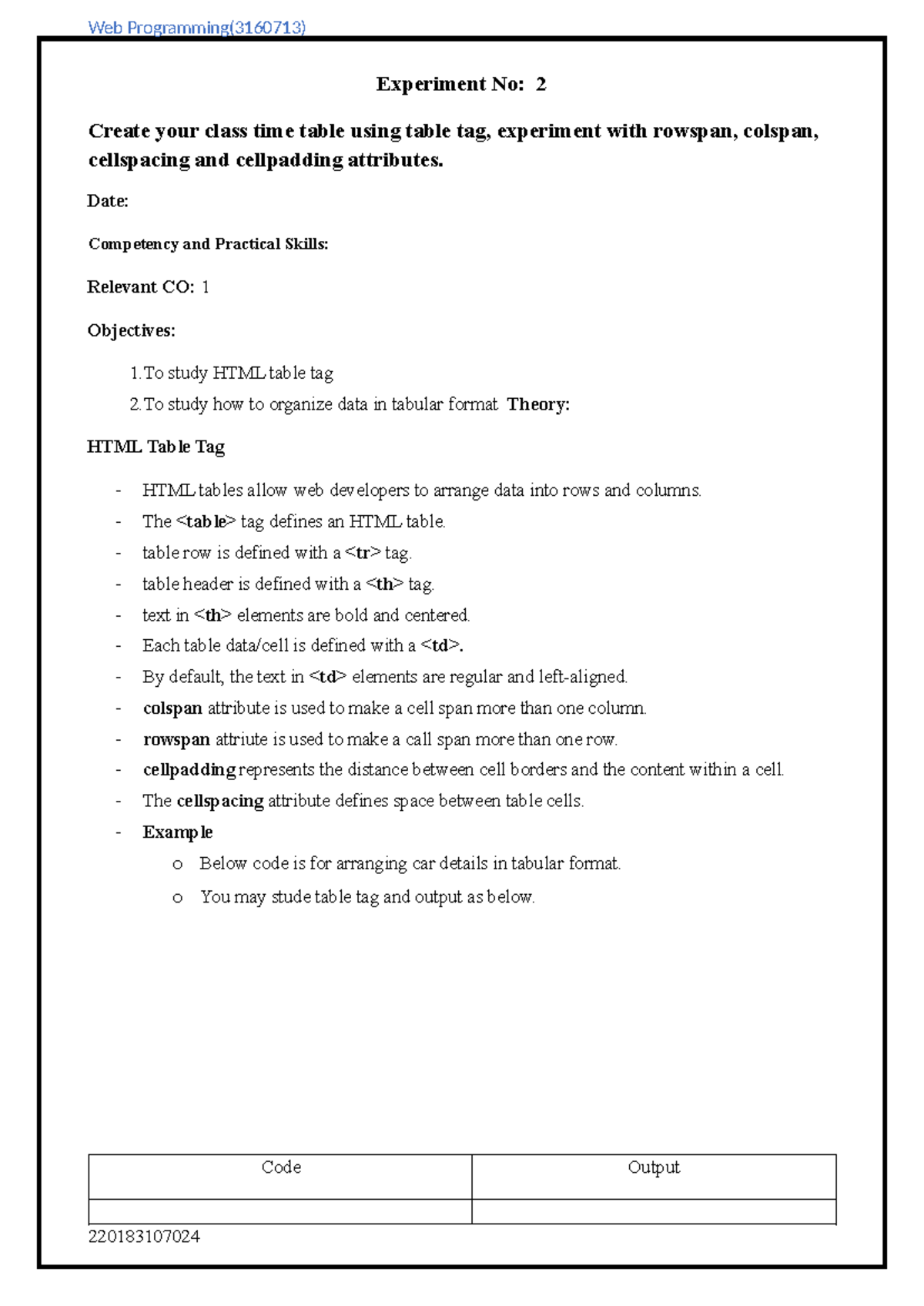 Practical 2 - data 3 - Experiment No: 2 Create your class time table using table tag, experiment ...