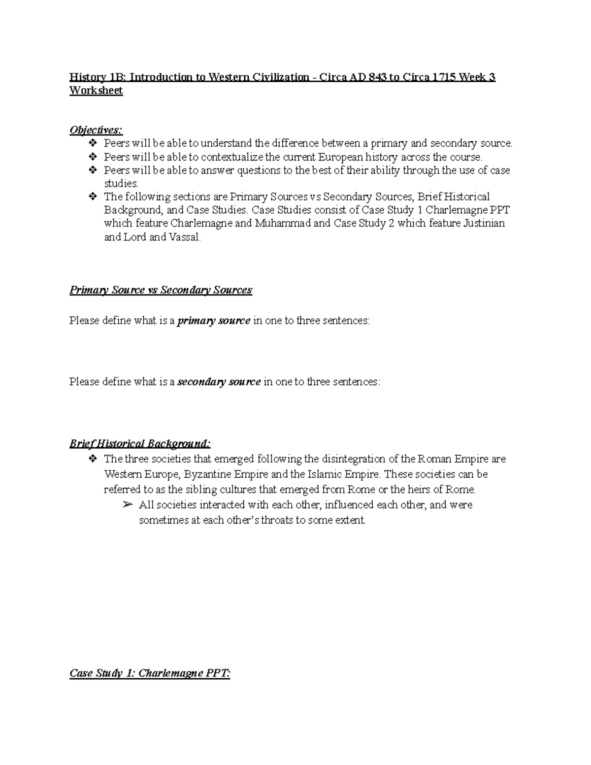History Worksheet - N/A - History 1B: Introduction to Western ...