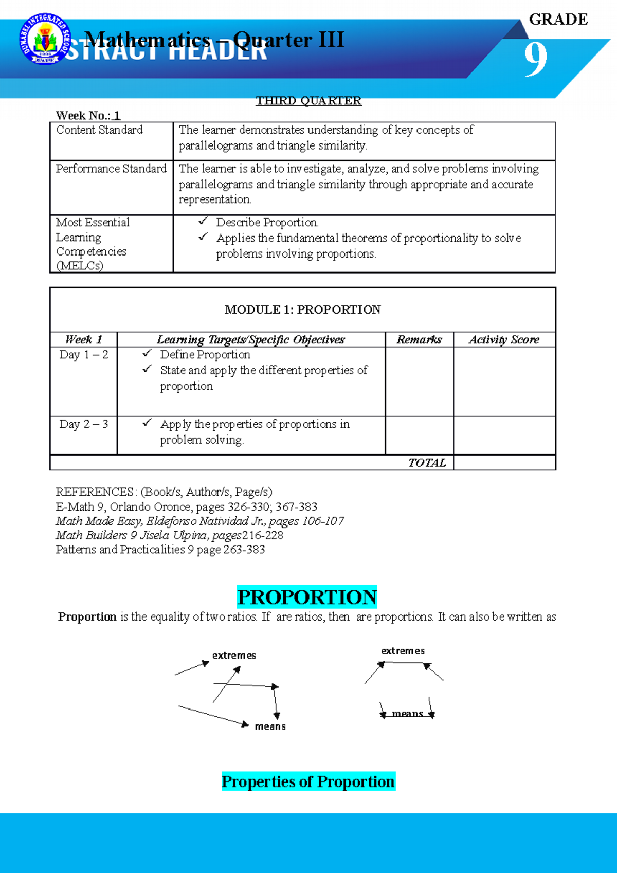 MATH 9 3rd Quarter 2021 - 2022 - THIRD QUARTER Week No.: 1 Content ...