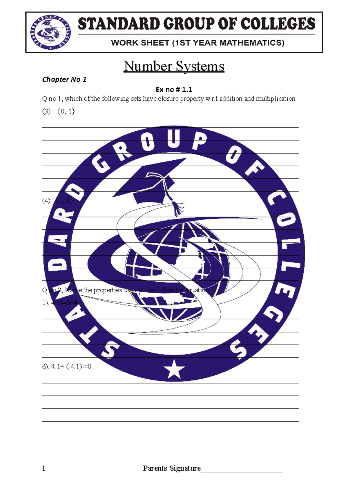 Work sheet ch 1 - Complete detail about mathematics - Number Systems ...