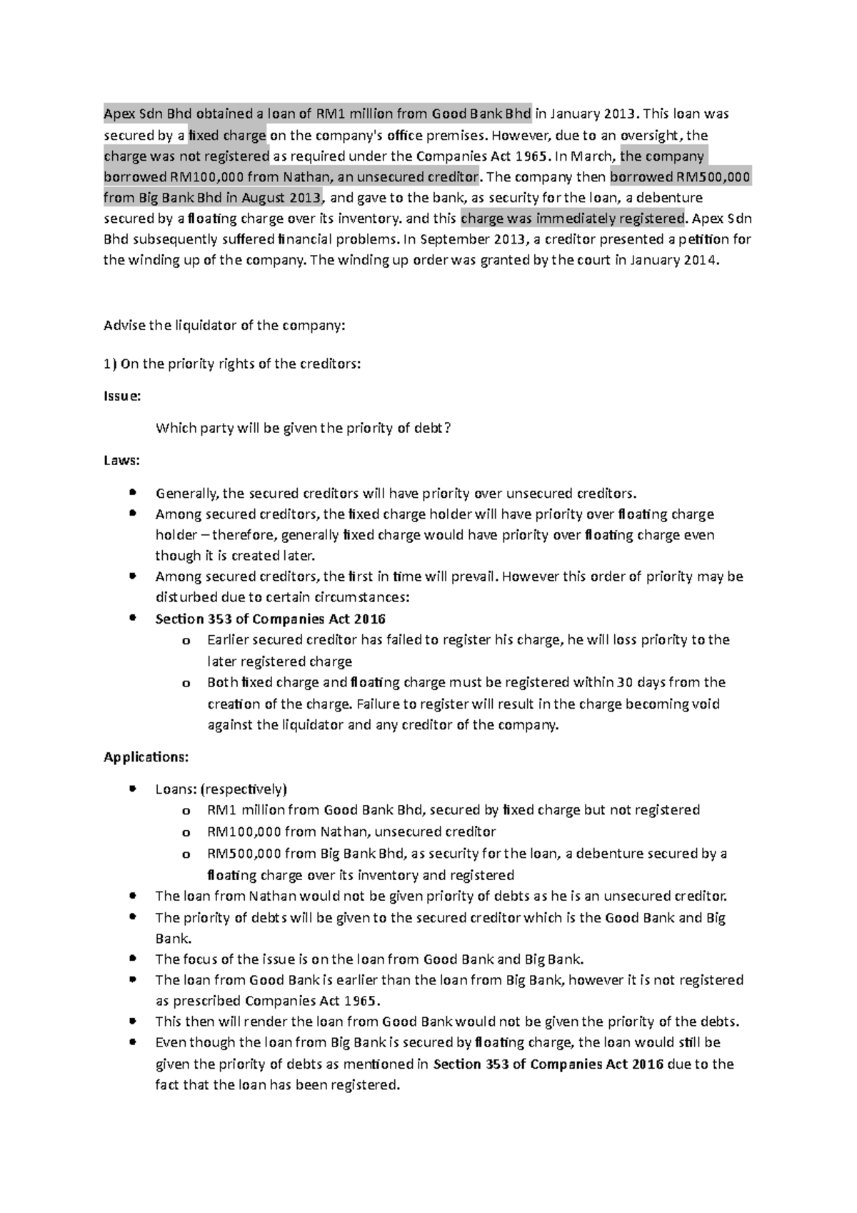 Tutorial Week 11 - Law of association - Apex Sdn Bhd obtained a loan of ...