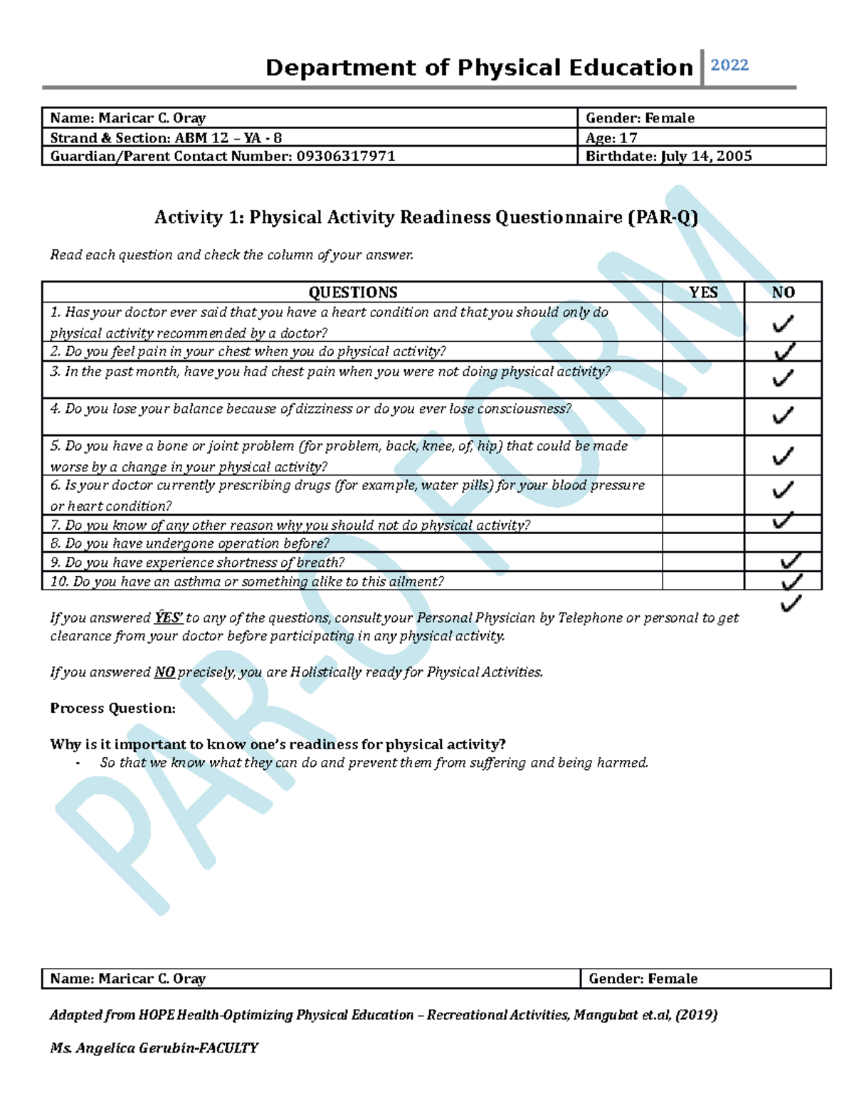 SHS PAR Q FORM TEST 1 copy - Department of Physical Education 2022 Name ...