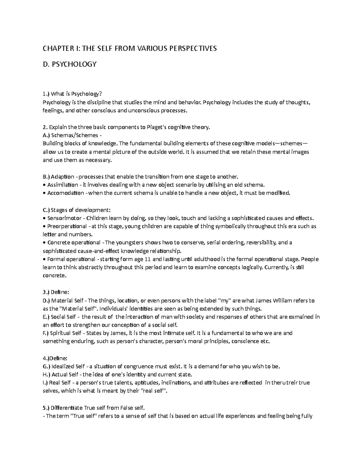 THE SELF FROM Various Perspective ( Psychology) - CHAPTER I: THE SELF ...