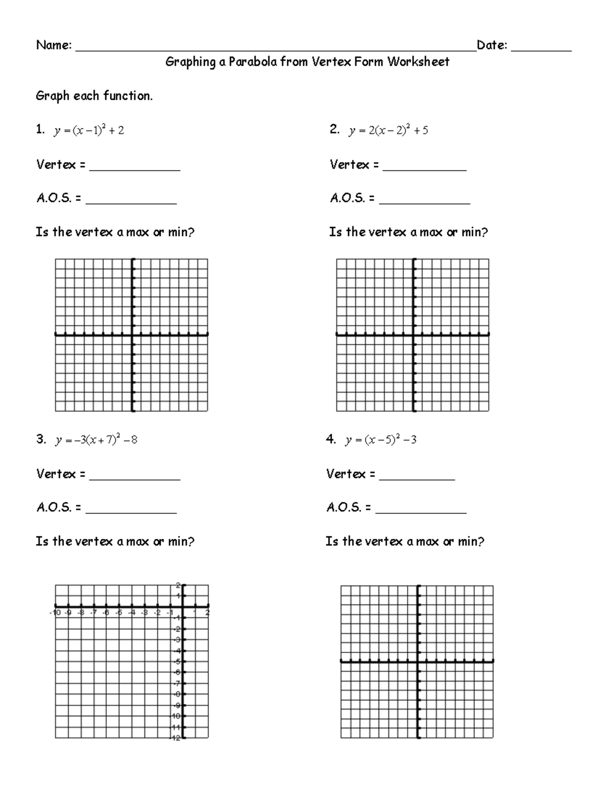 Graphing from vertex form worksheet - Name: - Studocu