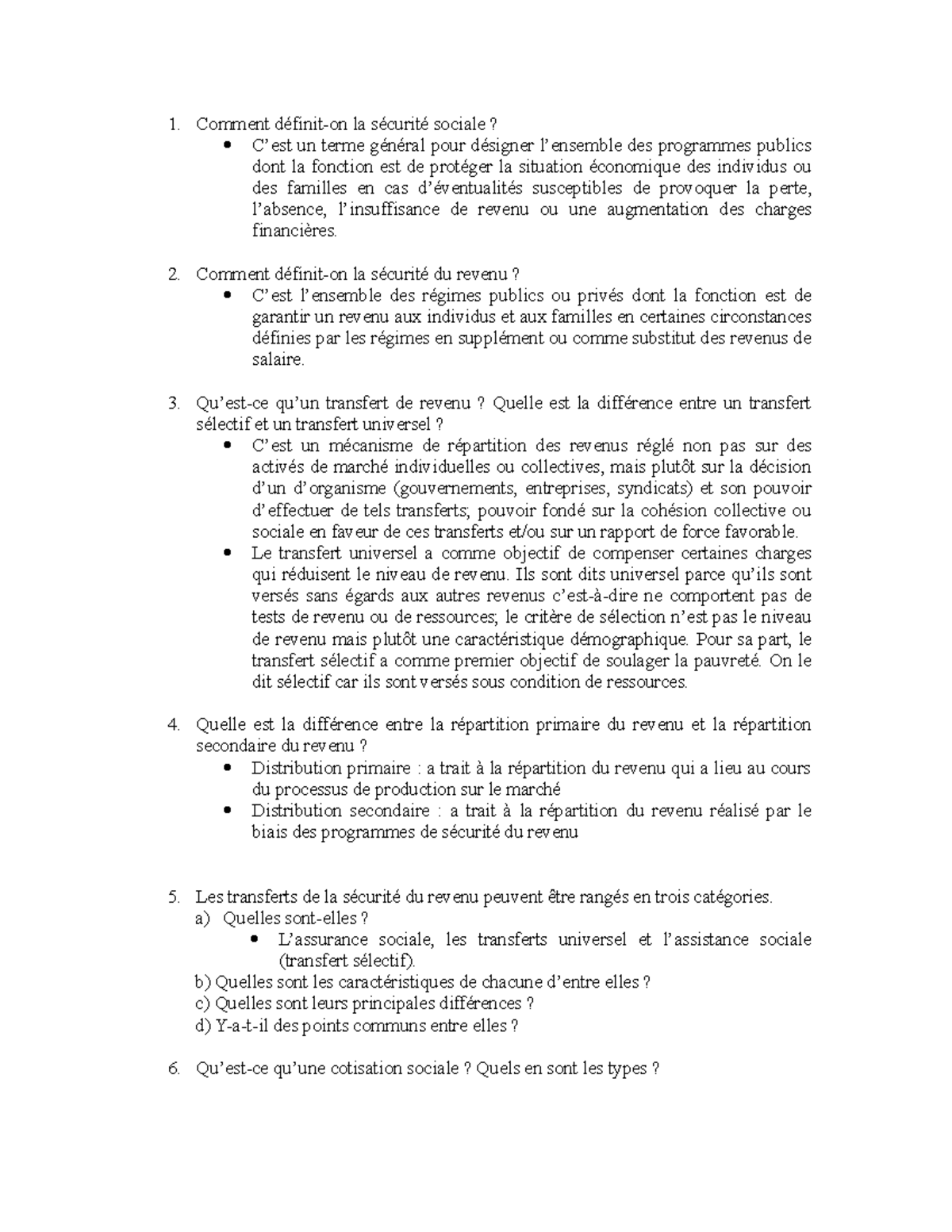 SS- Questions exam 1 - Comment définit-on la sécurité sociale? C’est un ...