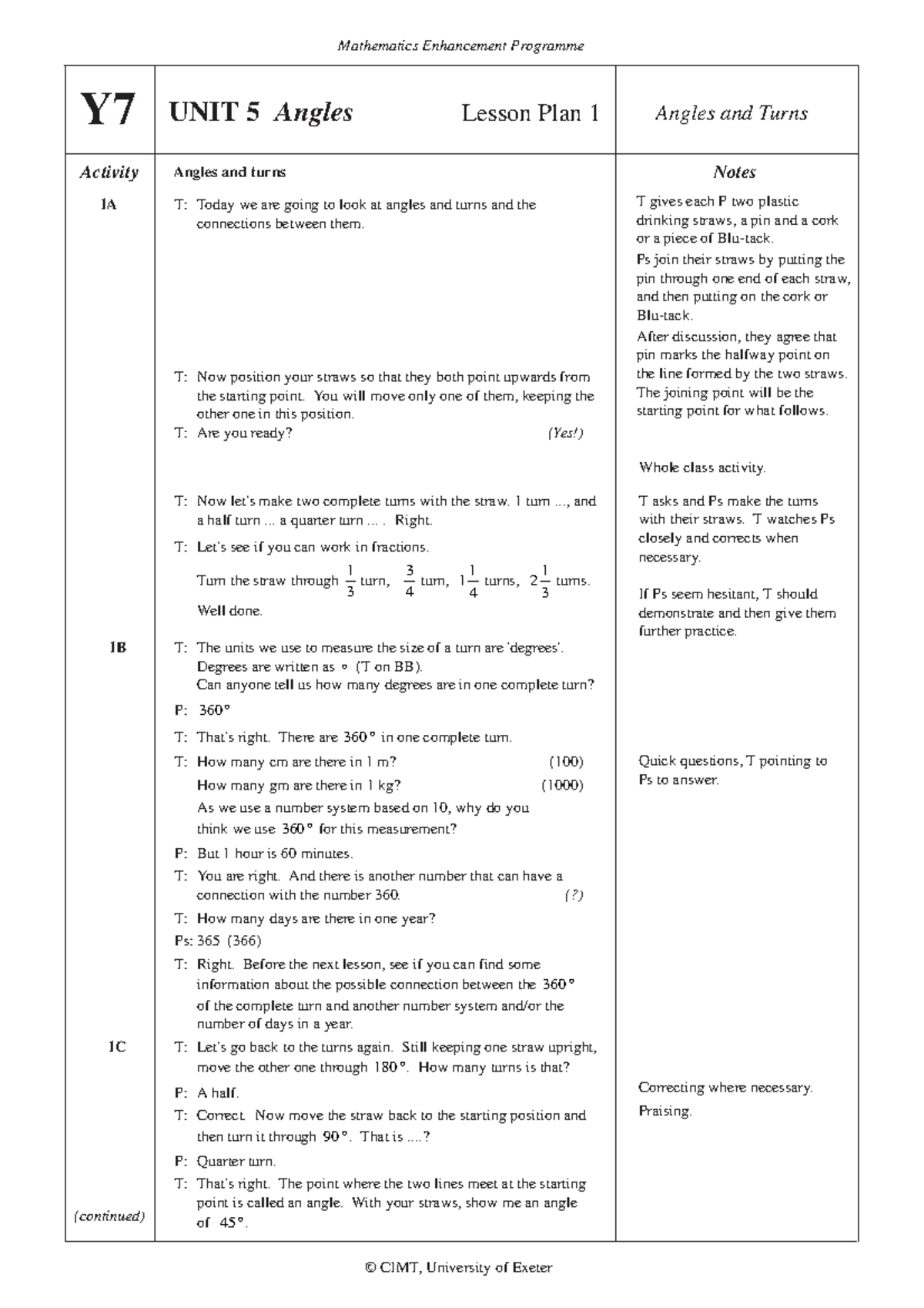 Unit 5 Angles lesson plan notes - Mathematics Enhancement Programme Y7 ...