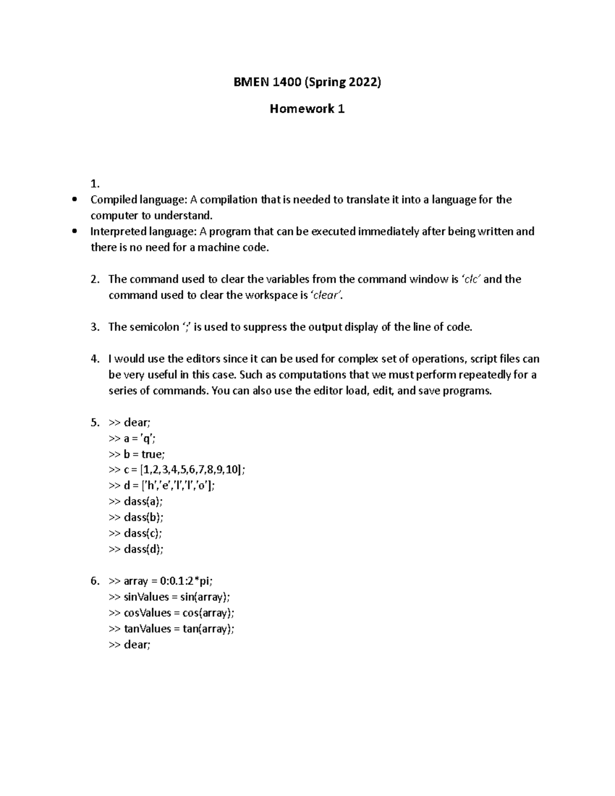 BMEN 1400 Homework 1 - Matlab - BMEN 1400 (Spring 2022) Homework 1 1 ...