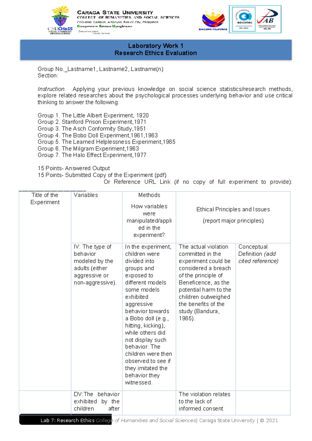 Labwork-3 - Lab 7: Research Ethics College of Humanities and Social Sciences| Caraga State - Studocu
