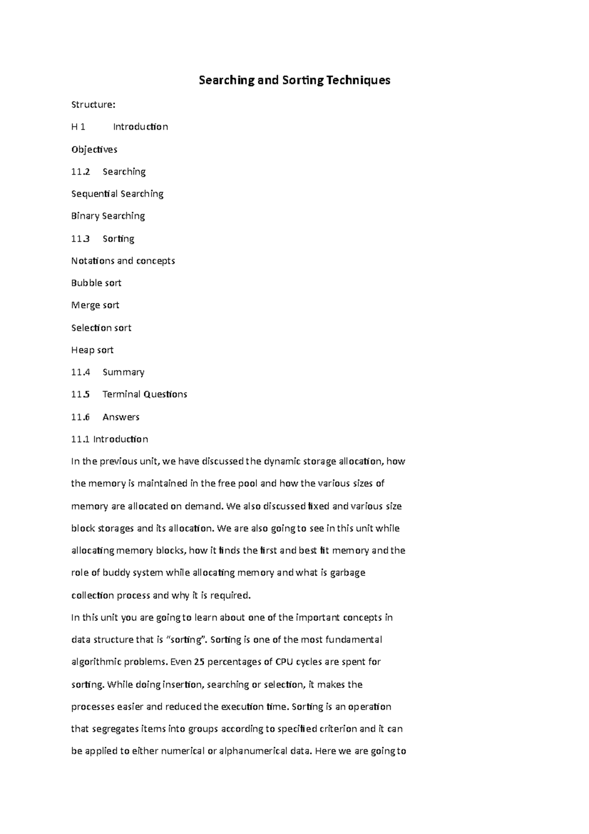Searching And Sorting Techniques Searching And Sorting Techniques Structure H 1 Introduction