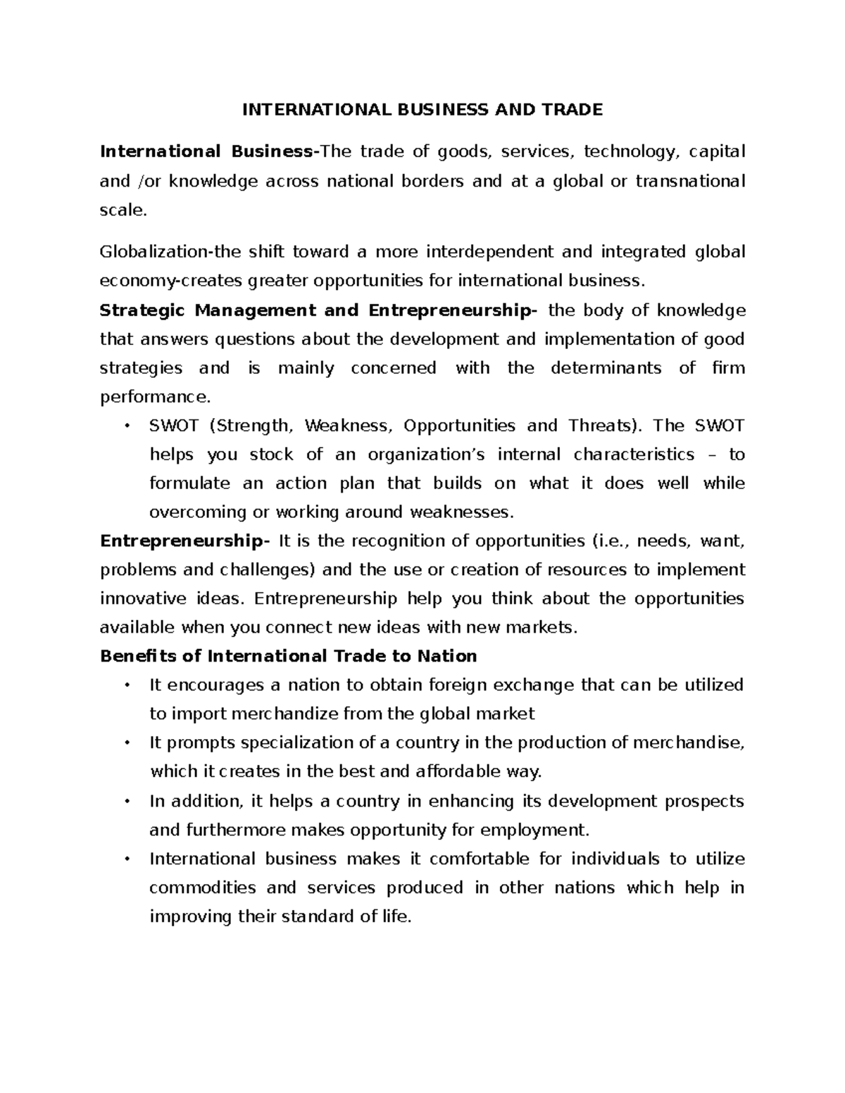 IBT- Topics 1&2 - Lecture notes 1-2 - International Business and Trade ...
