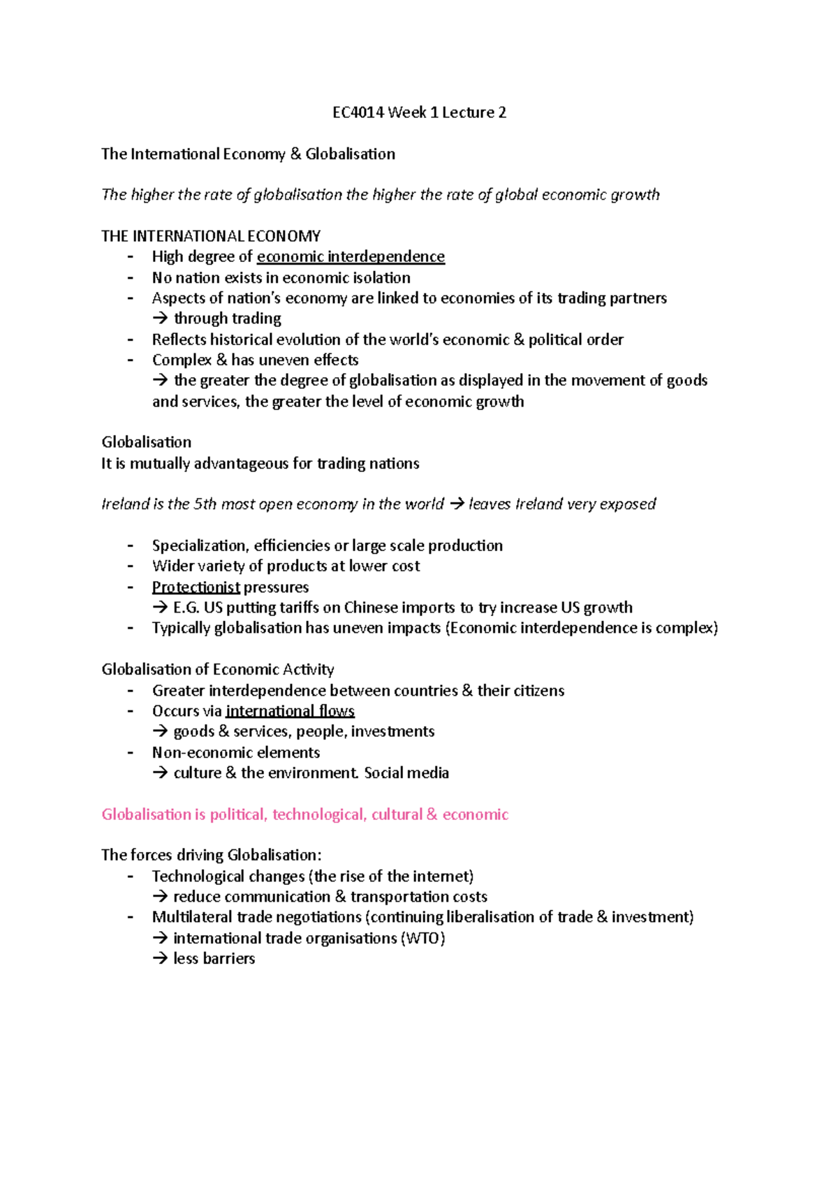 EC4014 Week 1 Lecture 2 - EC4014 Week 1 Lecture 2 The International Economy & Globalisation The ...