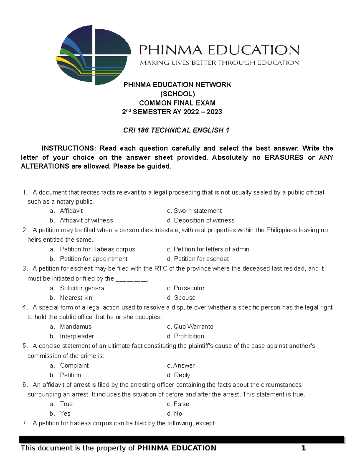 CFE CRI 186 Technical English 1 - PHINMA EDUCATION NETWORK (SCHOOL ...