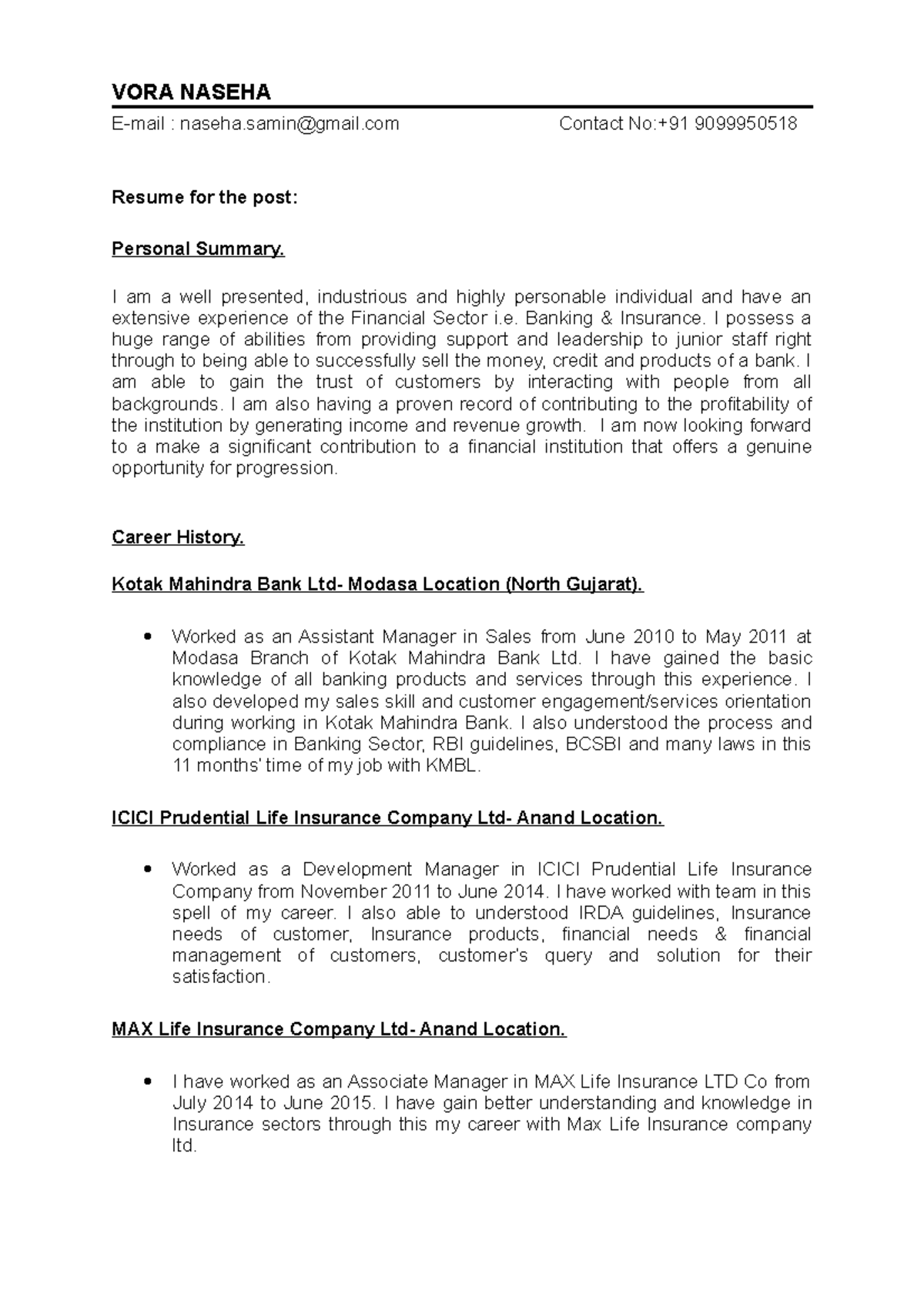 Resume Naseha Vora - 2021 - VORA NASEHA E-mail : naseha@gmail Contact ...